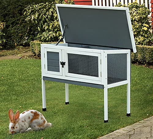 EMKK Wooden Rabbit Hutches Pet House Small Bunny Wood Hutch Dog Chicken Coops Cages Cage with No Leak Tray Lockable Door Openable Top for Indoor Outdoor,Grey, 46''L X 17.7''D X 27.6''H