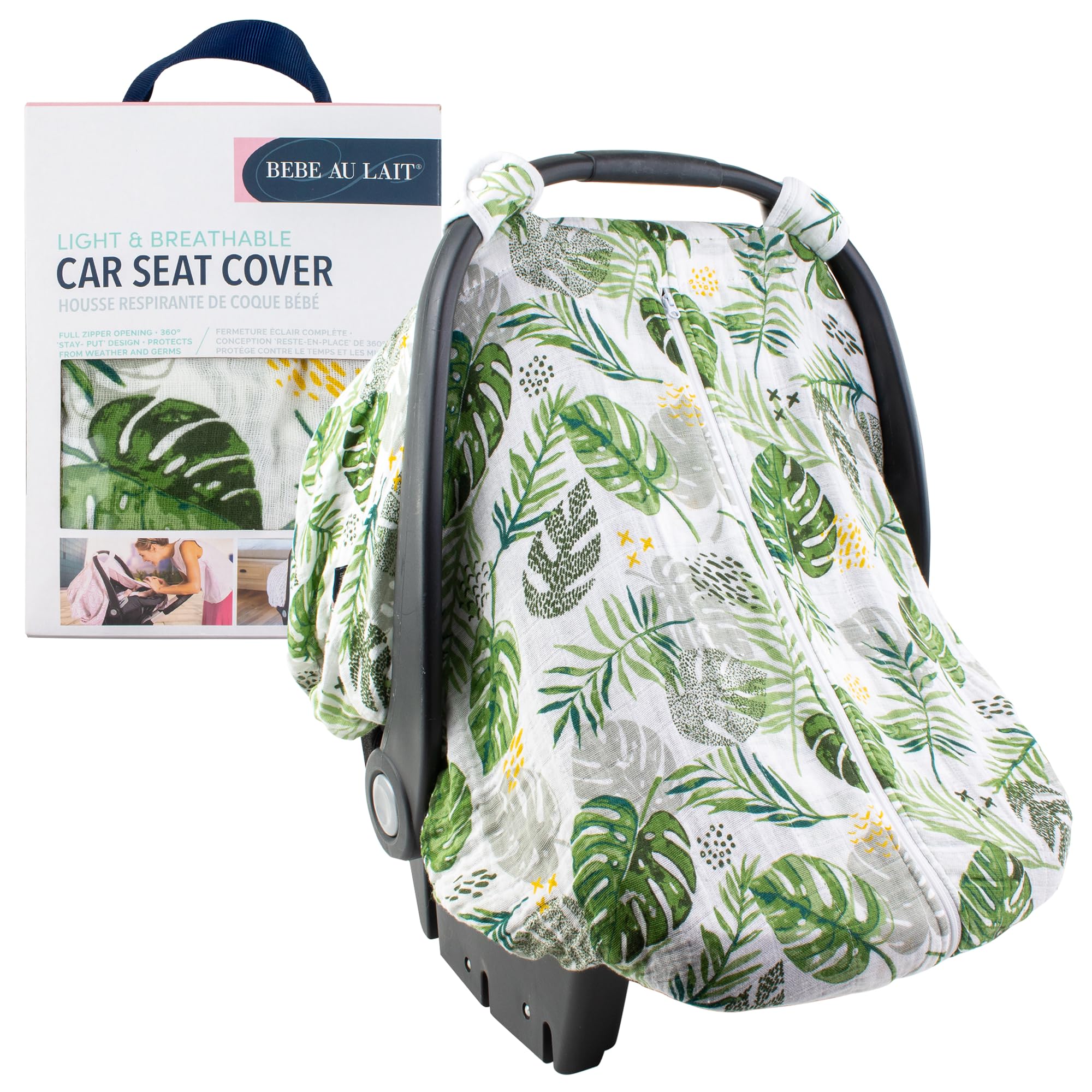 Bebe au Lait Classic Muslin Car Seat Cover -Perfect Baby Car Seat Covers for Babies, Car Seat Canopy, Unisex Baby Car Seat Cover- Easy Snap Straps, Fully Zippered Opening, Breathable- Green