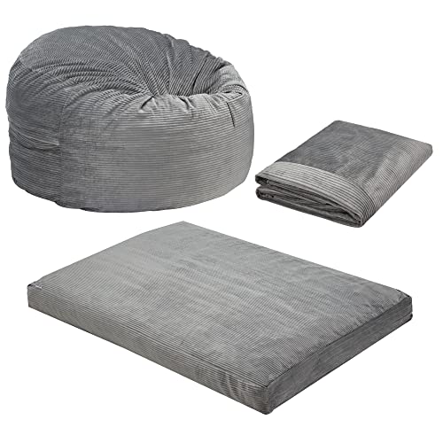 Homguava Corduroy Bean Bag Chair, Variable Shape from Bean Bag to Matress, Convertible Beanbag Chair for Home, Living Room(Grey, Full)