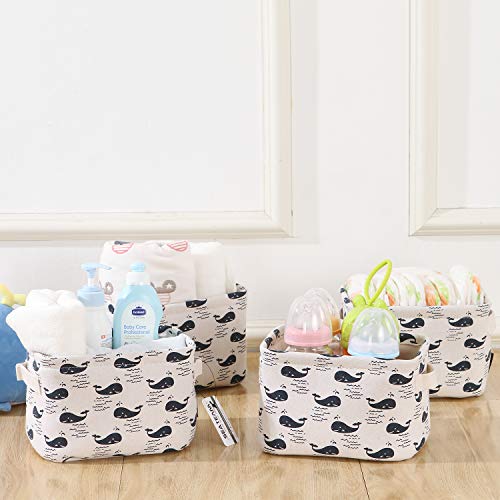Sea Team Collapsible Square Mini Size Canvas Fabric Storage Bins Shelf Baskets Organizers for Nursery Kids Room, Set of 4 (Whale)