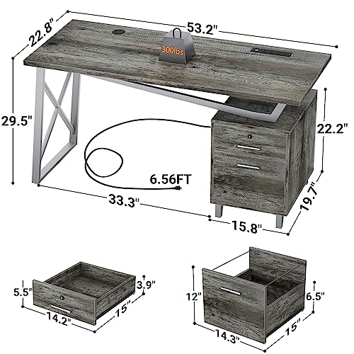 Homieasy Computer Desk with File Cabinet & Charging Station, Heavy Duty Home Office Executive Desk with Storage Drawers, Sturdy Spacious Workstation with Power Strip Cable Grommets, Black Oak