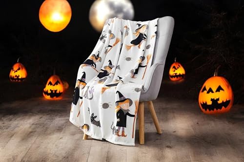 Halloween Throw Blanket: Cute Girl Witch with Faithful Cat Surrounded by Spiders and Bats Print on Fuzzy Soft Velvet Fleece Throw Blanket