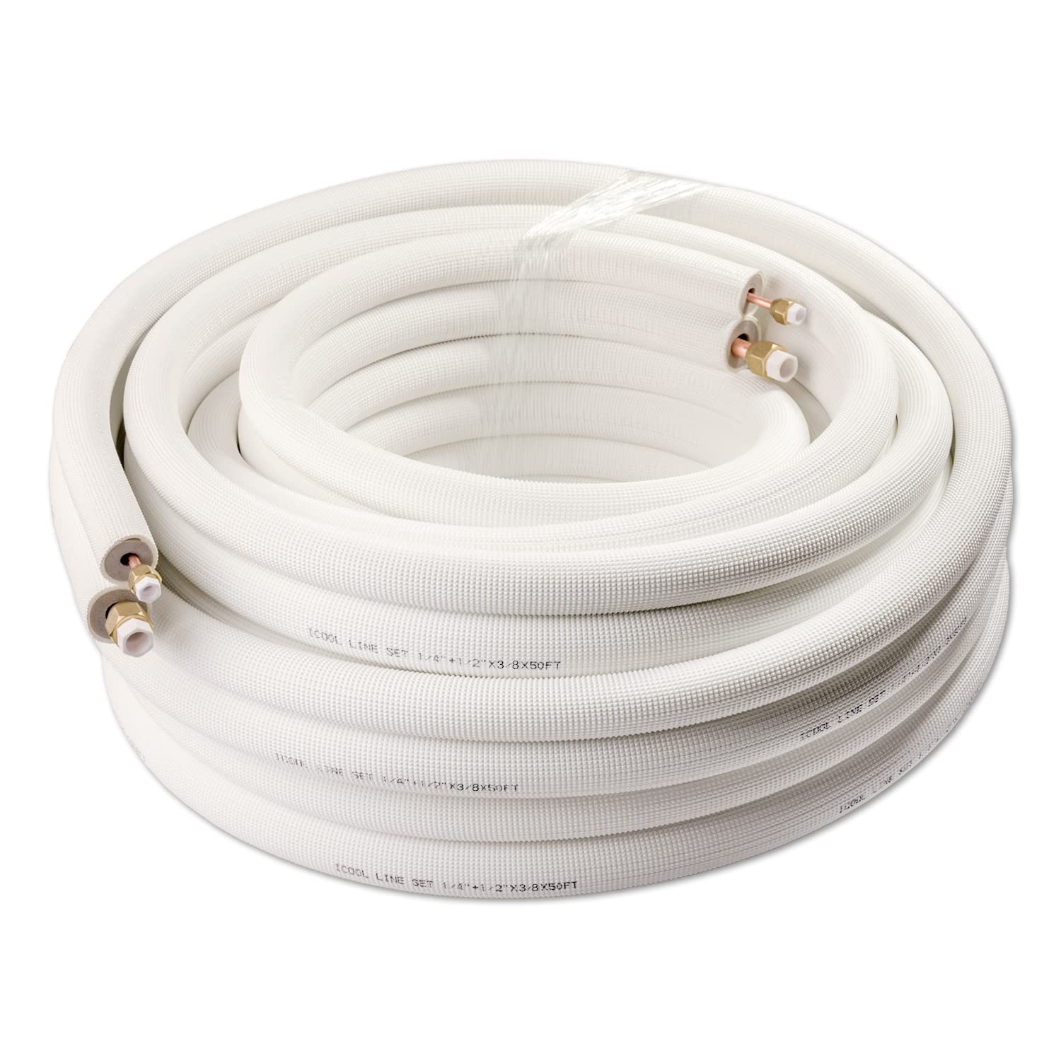 ICOOL 50 Ft. Mini Split Line Set, 1/4" & 1/2" O.D. Twin Copper Pipes, 3/8" Thickened PE Insulated Coil Copper Line with Nuts for Air Conditioner HVAC Refrigeration and Heating Equipment