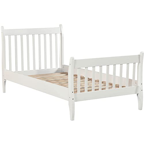 Homtique Solid Wood Twin Size Platform Bed Frame with Wooden Headborad Sturdy Slats Support Single Bed Frame for Kids and Adults,No Box Spring Needed,Easy to Assembly (White, Twin)