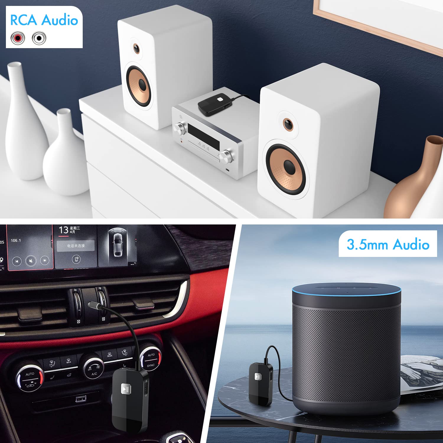 Giveet Bluetooth V5.3 Receiver for Home Stereo, Wireless Audio Adapter for Speaker/Home/Car Stereo Music Streaming Sound System, Support 3.5mm AUX RCA Jack, 20 Hours Playtime, Dual Devices Connection