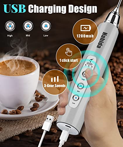 Nahida Handheld Milk Frother for Coffee with Stand, Rechargeable Drink Foam Mixer with 3 Heads 3 Speeds Electric Stirrers for Latte, Cappuccino, Hot Chocolate, Egg, Cord-Free