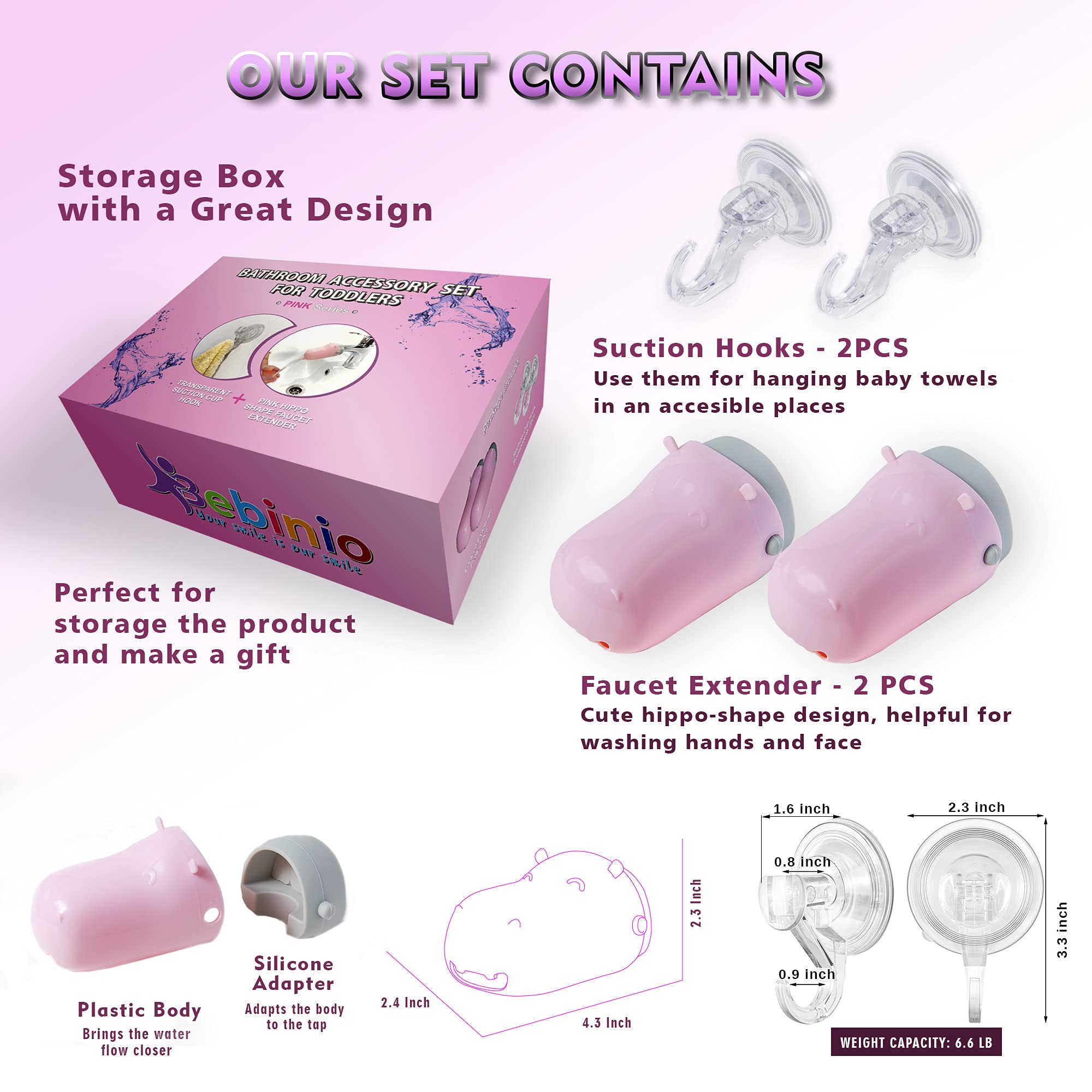Bebinio Faucet Extender for Kids with Cylindrical Antisplash Spout & Strong Suction Towel Hanging Hook, Set of 4 Pcs (Pink)