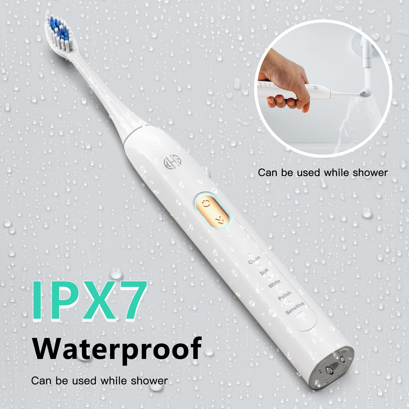 KHS Sonic Electric Toothbrush for Adults and Kids with 4 Brush Heads 5 Modes Rechargeable Toothbrushes with 2 Mins Smart Timer(Off-White)
