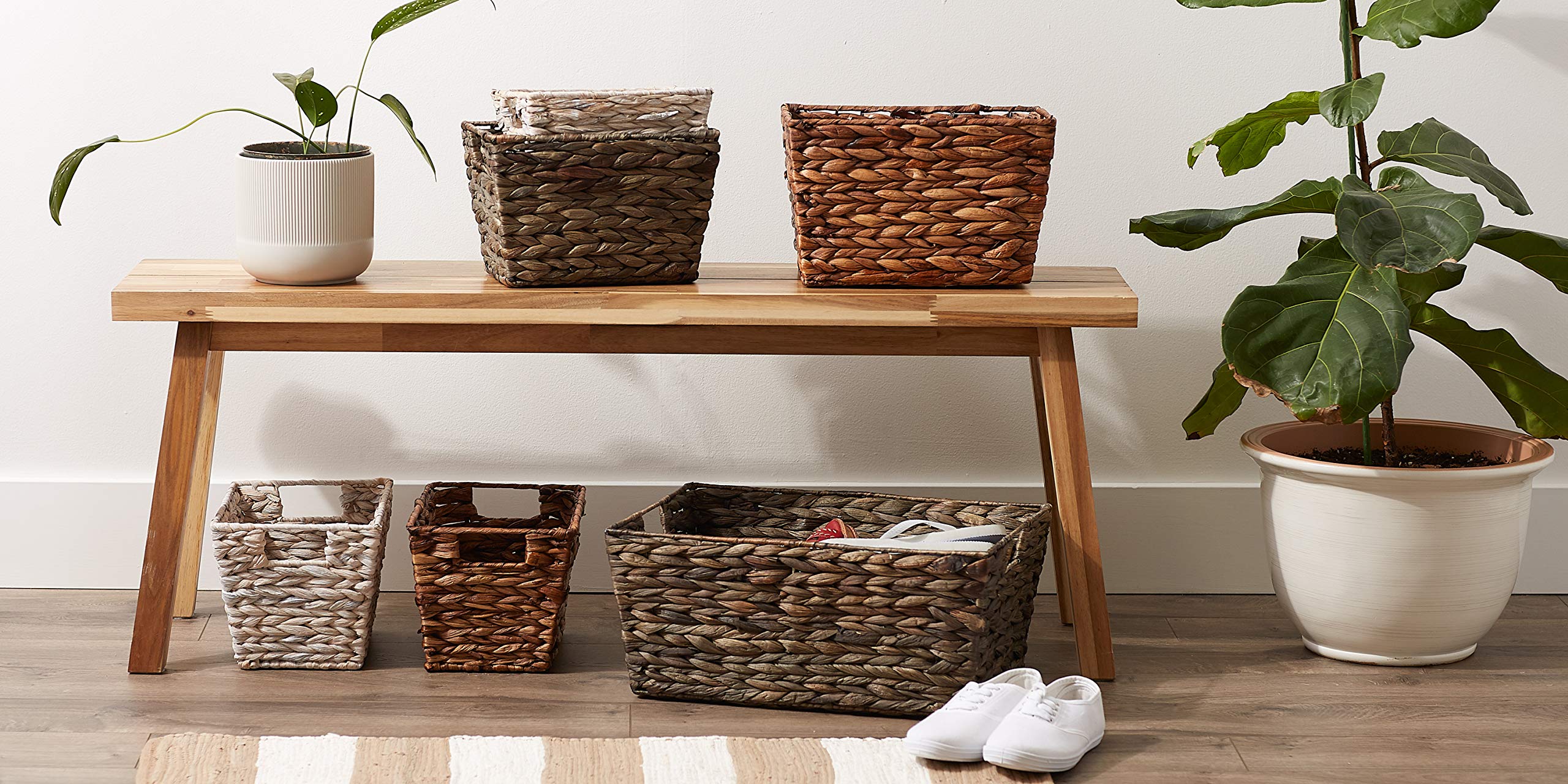 DII Hyacinth Collection Storage Baskets, White Wash, Large Set, Assorted Sizes, 5 Piece