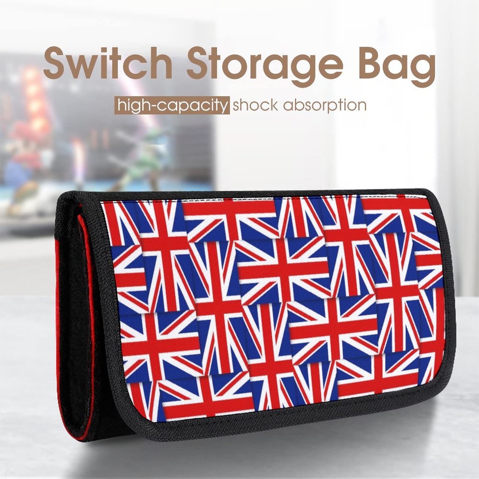 British Flag Pattern Carrying Bag Compatible with Switch Protective Case Slim Felt Pouch with 5 Game Cartridges Holders