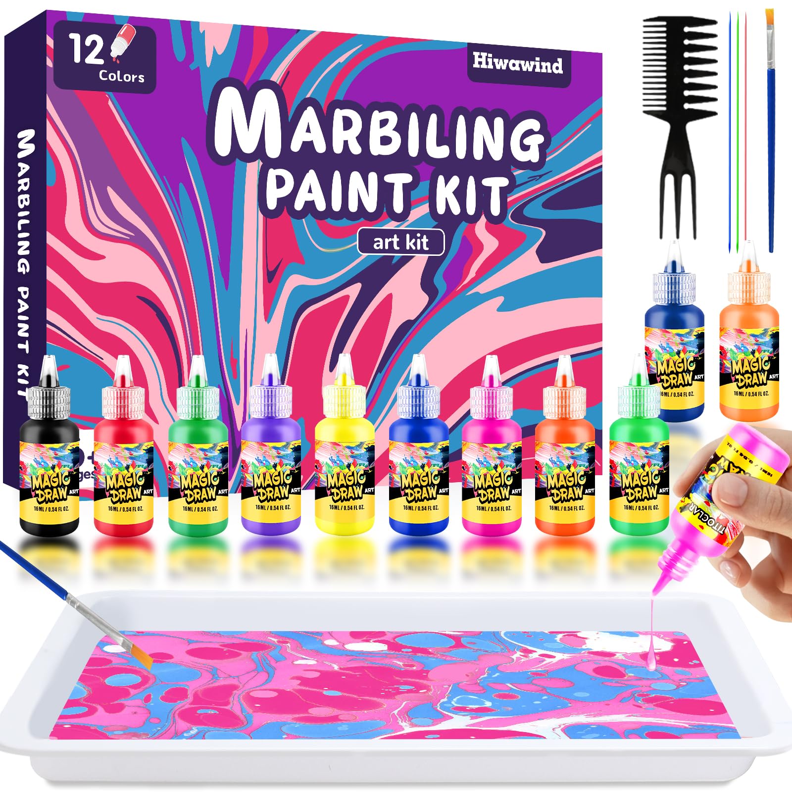 Hiwawind Water Marbling Paint Art Kit for Kids - Art Supplies for Kids 9-12, Arts & Crafts for Girls Kids 8-12, Ideal Gifts for 6 7 8 9 10 11 12 Year Old Girls (12 Colors)