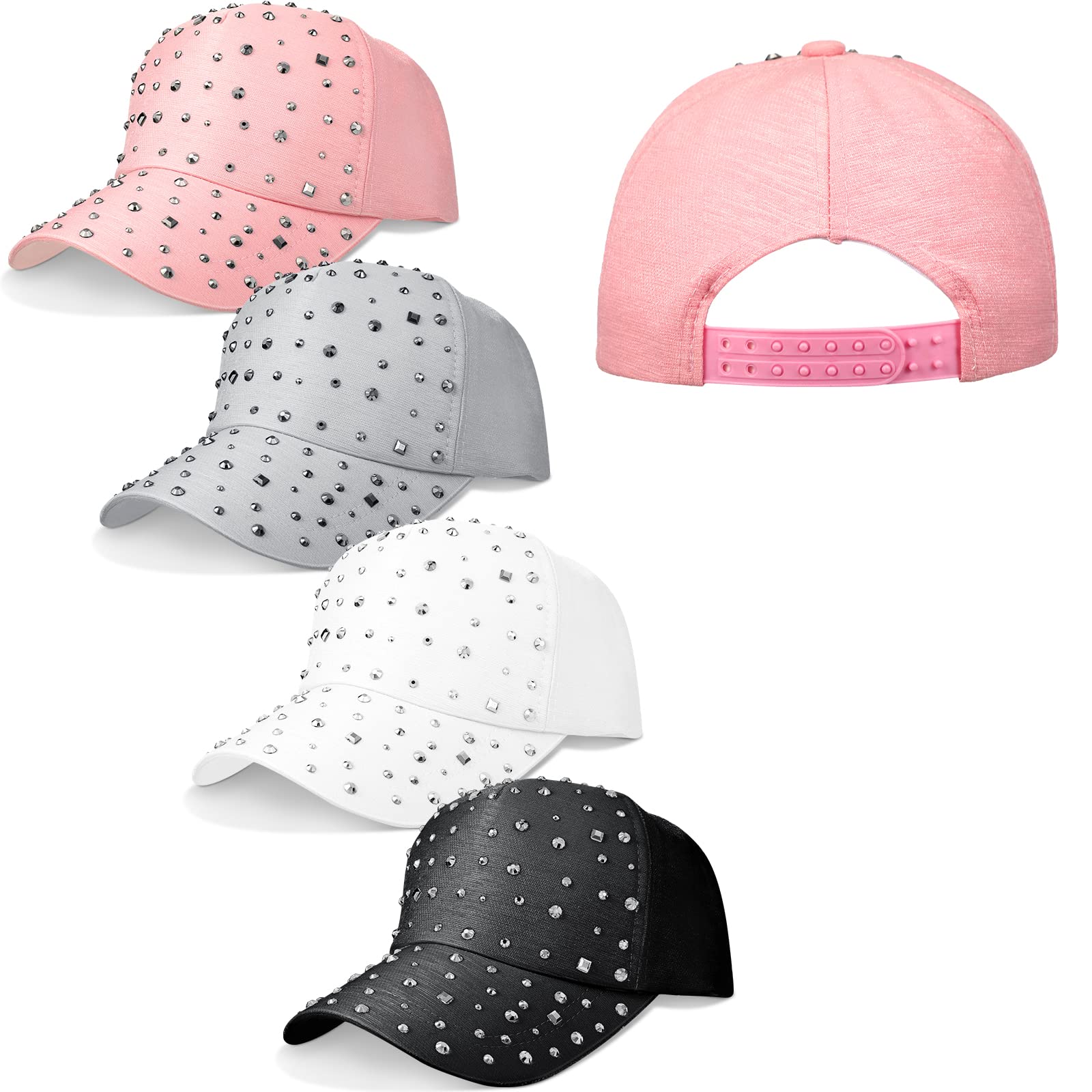 Bonuci 4 Pcs Bling Rhinestone Baseball Cap Women Adjustable Studded Crystal Baseball Cap Casual Glitter Sequin Hat (Cute)