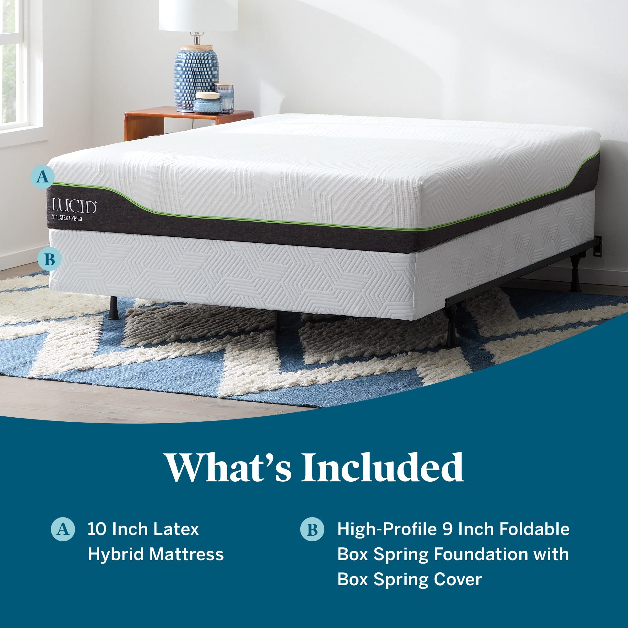 LUCID 10 Inch Latex Hybrid Mattress and High-Profile 9 Inch Steel Foldable Twin Box Spring Foundation with Center Support Bolts