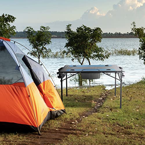 ARROWHEAD OUTDOOR 51” Heavy-Duty Portable Folding Table, 8 Cup Holders, Integrated Cooler, 2 Side Storage Pouches, No Sag Surface, Carrying Case, Steel Frame, High-Grade 600D Canvas, USA-Based Support
