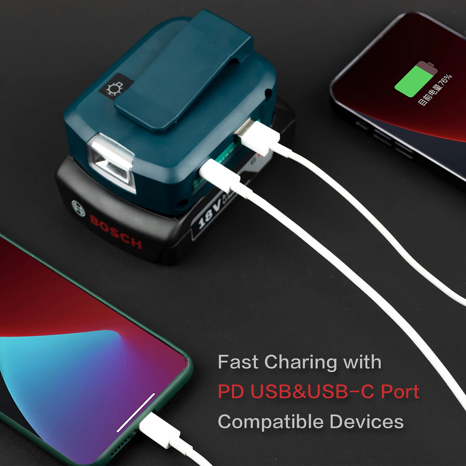 Battery Adapter for Bosch Professional 18v Battery Power Bank with 1 USB & 18W PD USB C & 12V DC Output Powering + LED Work Light-Varies Mode (Tool Bare, Battery is not Included)
