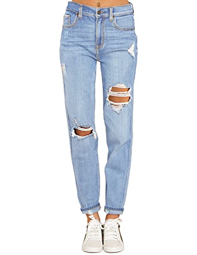 GRAPENT Jeans for Women High Waist Stretchy High Waisted Ripped Distressed Mom Jeans Boyfriend Tapered Ankle Length Denim Jean Pants Ballad Blue Color Size Medium Size 8 - Size 10