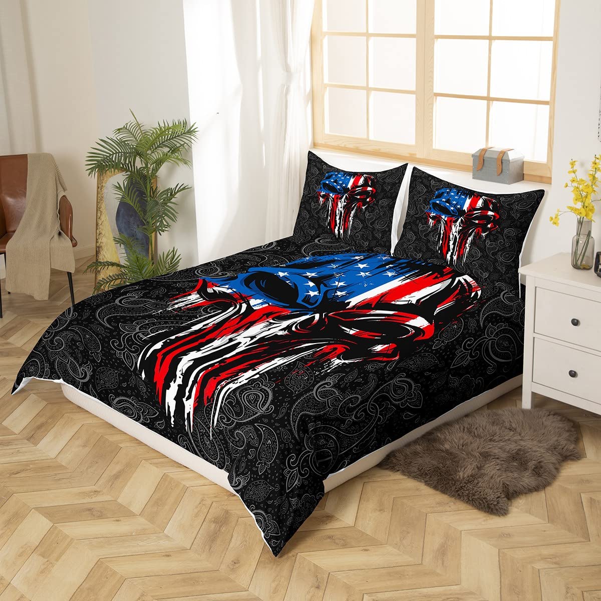Paisley Duvet Cover Set Twin Size,American Flag Gothic Skull Print Bedding Set 2pcs for Kids Teens Room Decor,Halloween Theme Comforter Cover Soft Breathable Bedspreads Cover with 1 Pillowcase,Black