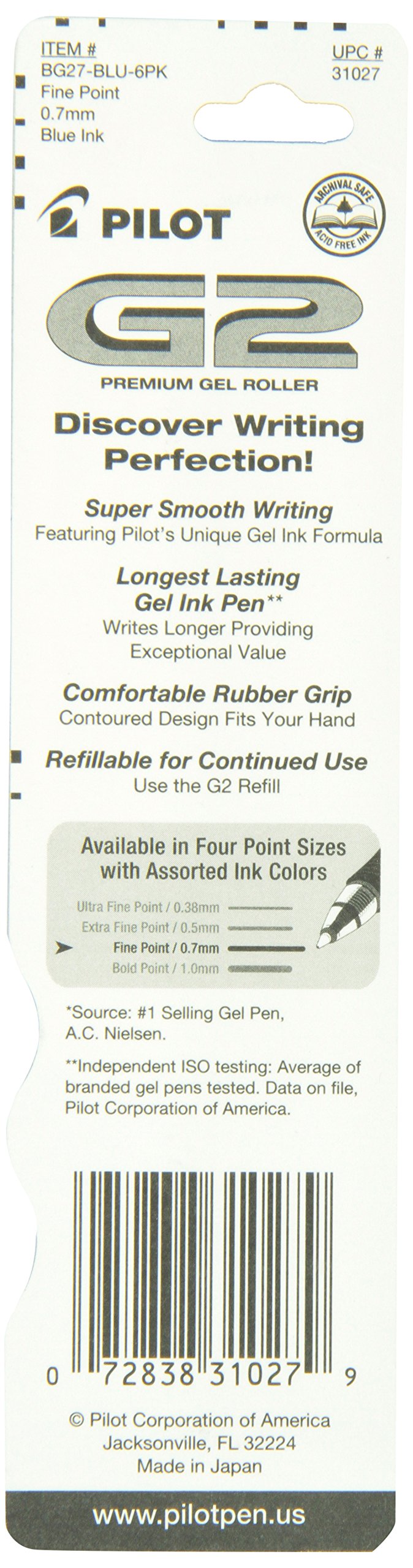 Pilot G2 Retractable Premium Gel Ink Roller Ball Pen, Fine Point, Single Pen, Blue Ink (31027)