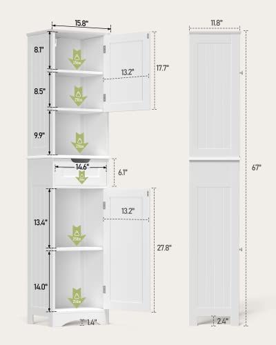 Gizoon 67" H Tall Bathroom Storage Cabinet w/ 2 Doors & 1 Drawer, Narrow Linen Tower Freestanding w/Adjustable Shelves for Home, Kitchen, Versatile, Anti-Tipping, White