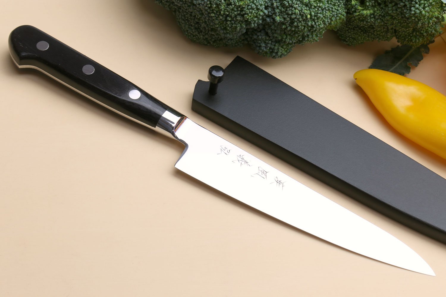 Yoshihiro High Speed Steel Petty Utility Chefs Knife (Black Pakkawood Handle) (5.3'' (135mm) & No Saya)