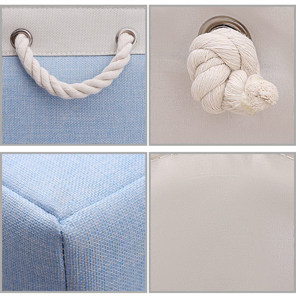 Fabric Storage Basket, Foldable Linen Storage Box for Nursery and Home, Collapsible Canvas Shelf Basket for Wardrobe or Bedroom, Blue and White