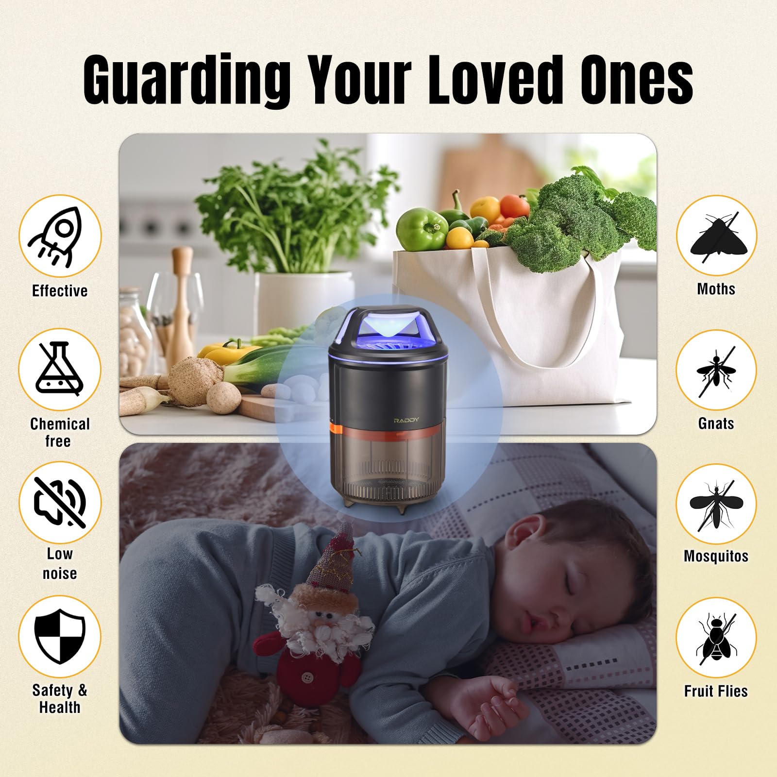 Raddy MS-1 Indoor Insect Trap with Suction, Electric Pest Killer for Fruit Fly/Mosquito/Gnats/Moths, Anti-Escape Net Design, Physical Pest Control, Flying Bug Catcher for Home Kitchen Greenhouse