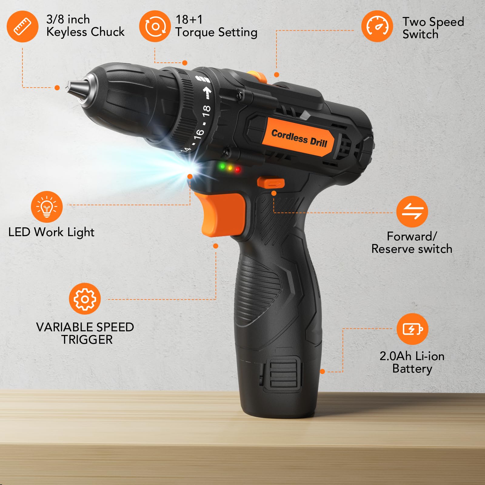 Drill Set 12V, VIWKO power drill cordless with battery and charger, Electric drill, 3/8" Keyless Chuck with 42 Acessories, 2 Speed, 25+1 Position, Mini drill, Screwdriver for Home DIY Projects