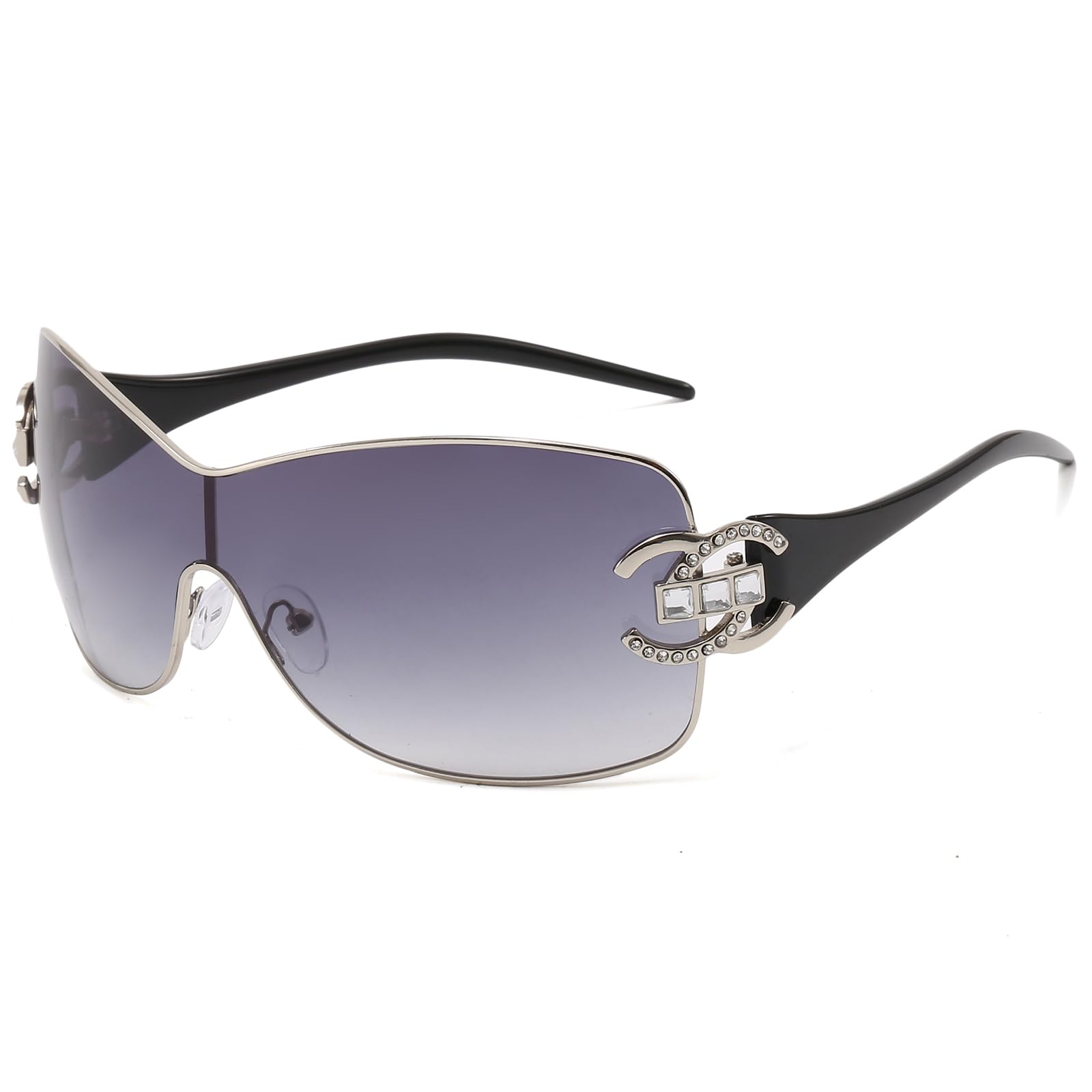 Bsreyeop Wrap Around Y2K Sunglasses for Women Men Fashion Large Frame One-piece Shades Trendy Shield Design Gradient Lens (Black Frame/Gradient Brown Lens C1)