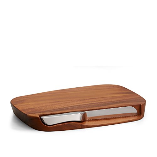 nambe Blend Bread Board with Knife | Made of Acacia Wood and Stainless Steel | Wooden Board with Serrated Knife for Cutting Fresh Bread | Designed by Neil Cohen