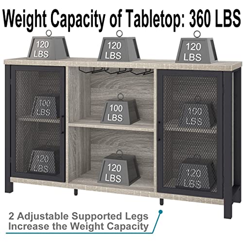 IBF Rustic Liquor Bar Cabinet, Industrial Coffee Wine Cabinet for Liquor and Glasses, Farmhouse Bar for Home Kitchen Living Dining, Sideboard Buffet Cabinet with Bar Rack Storage, Light Gray Oak 55 In
