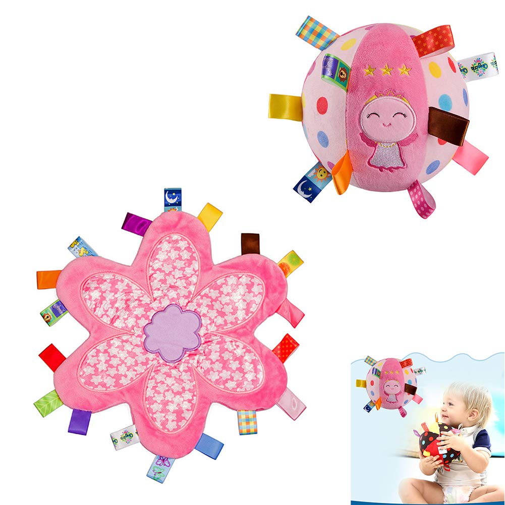 INCHANT Soft Stuffed Rattle Ball with Tags Comfort Security Blanket - Gift Set for Baby Girl, Pink Flower Security Blankie, Cute Angel Plush Ball for Toddlers and Kids