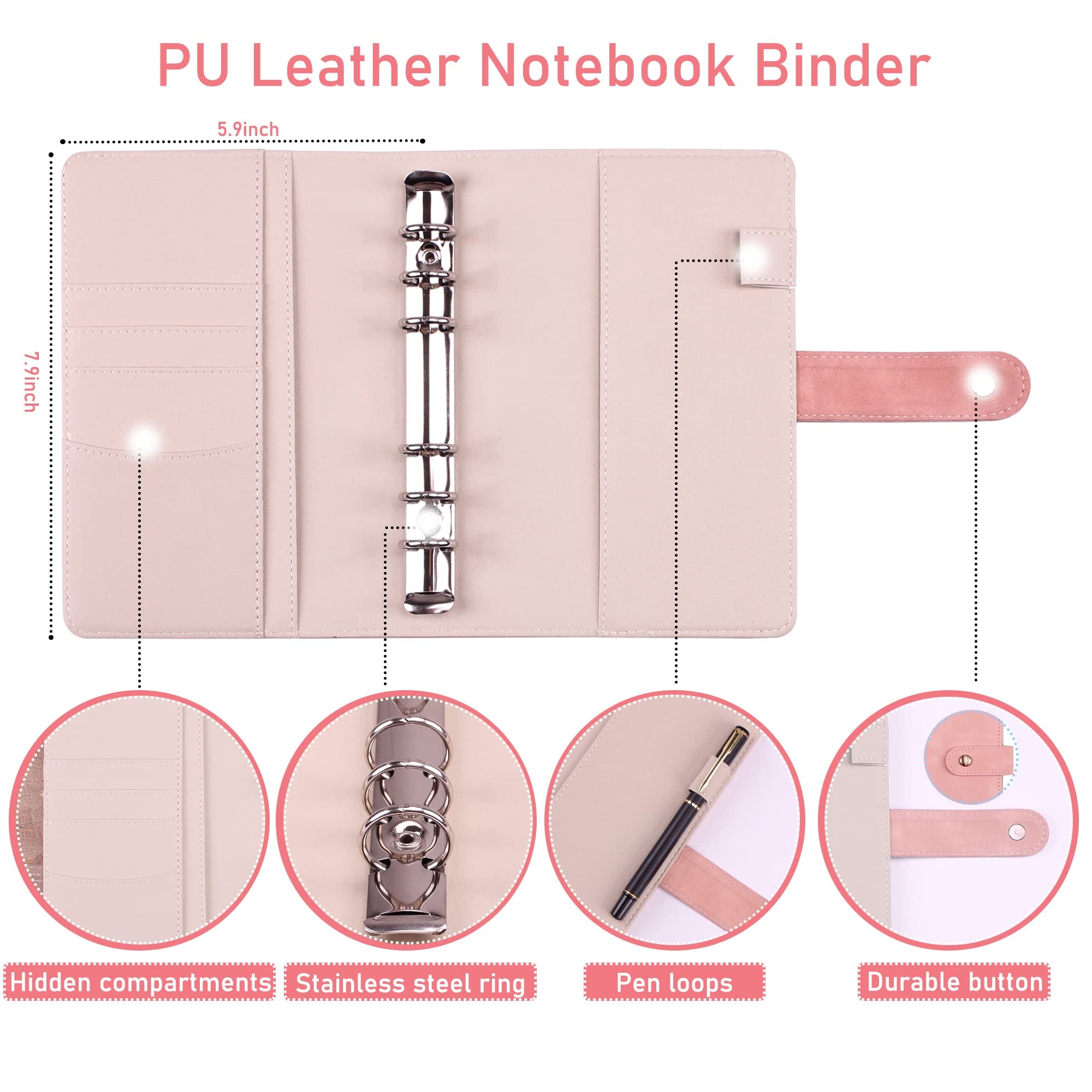Budget Binder with Cash Envelopes for Budgeting, PU Leather Money Organizer Binder, 6 Ring Cash Binder with 12PCS Clear Zipper Envelopes, 12PCS Budget Sheets, 21PCS Color Labels, A6, Pink