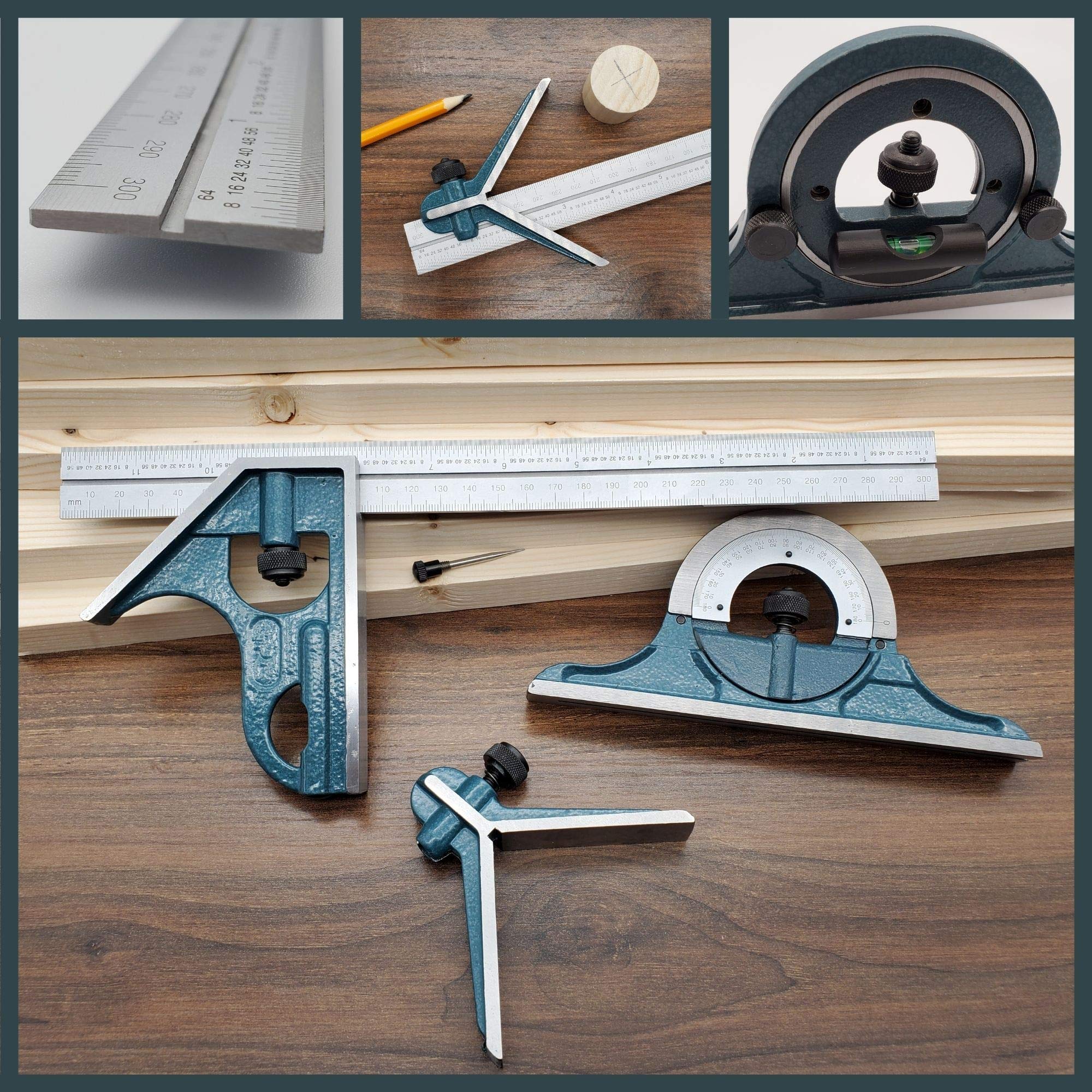 Combination Square Set with Protractor, Woodworking Square, Carpenter Square, 12’’ Bevel Ruler, 180 Degree Angle Finder, Ideal for Woodworking, Metalworking, Cabinets and Joinery, Steel, Iron, Case