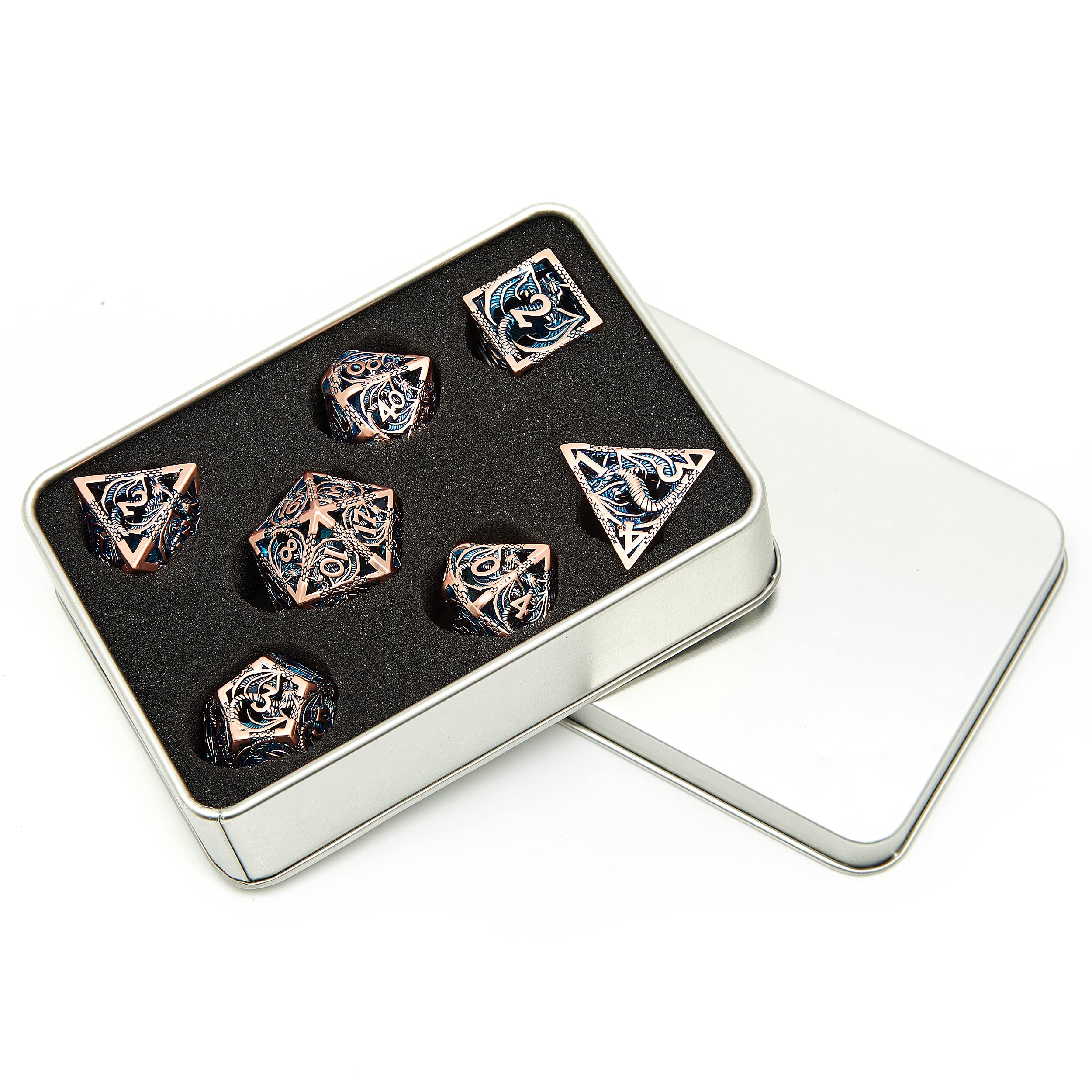 Hollow Metal DND Game Dice Dragon Shaped Blue and Copper Numbers 7Pcs Set for Dungeons and Dragons RPG MTG Table Games D&D Pathfinder Shadowrun and Math Teaching(with Metal case)