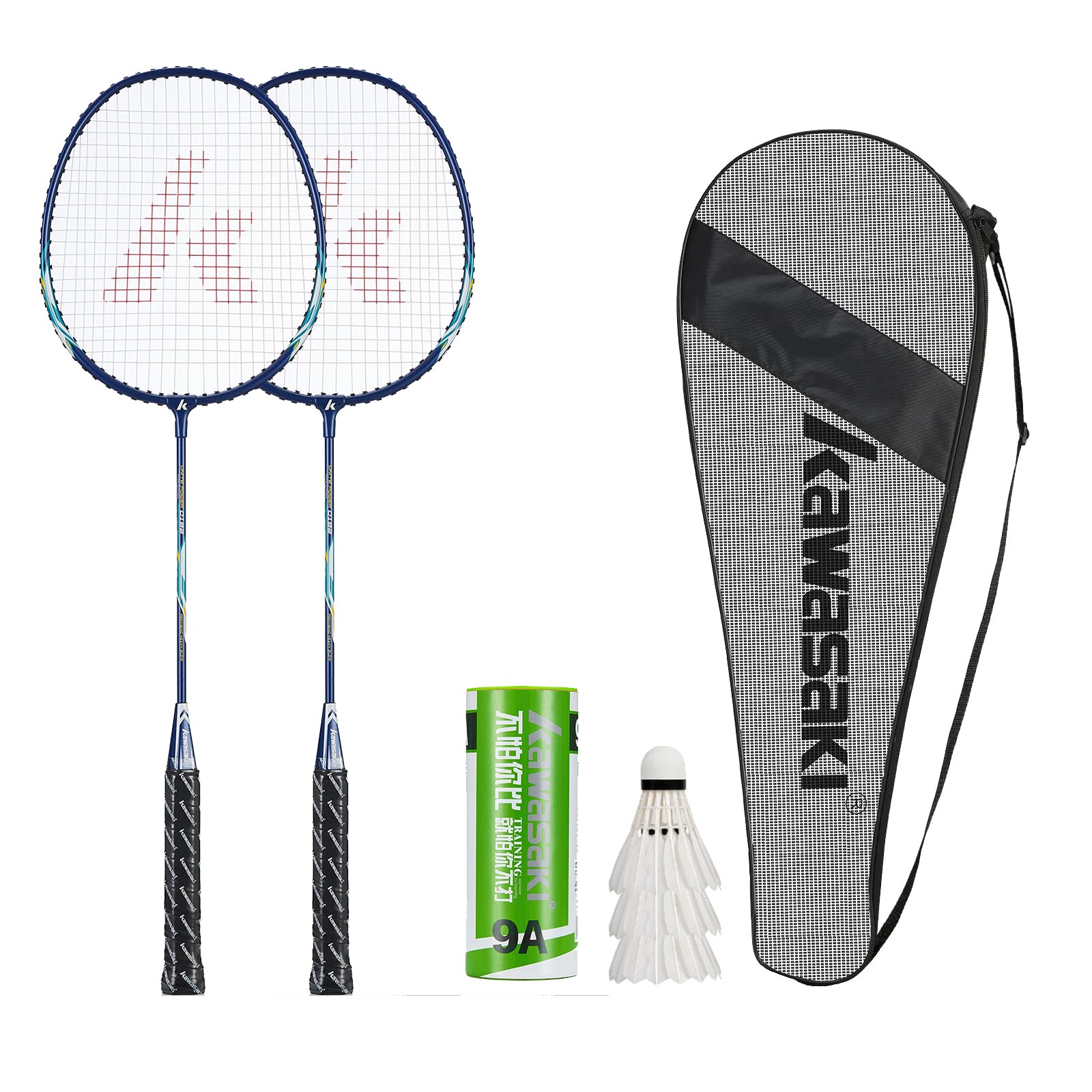 Badminton Rackets Set of 2 for Training, Sport, Including 2 Kawasaki Badminton Racket, 3 Badminton Birdies Feather,1 Badminton Bag Large (Blue)