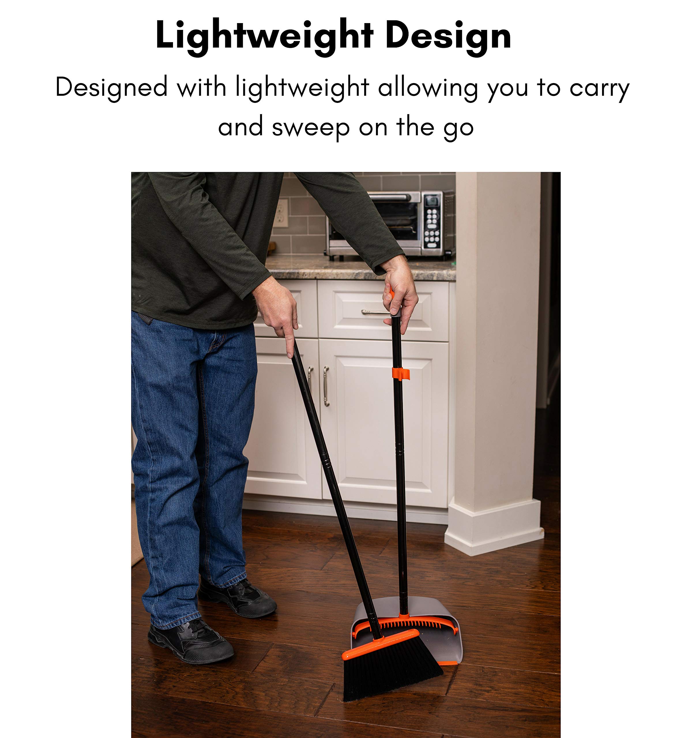 BirdRock Home Broom and Dustpan Set - Lobby Dust Pan - Orange and Grey Durable Set - Indoor or Outdoor - Sweep Combo Great for Kitchen, Home, Garage and Office - Clip On Self Cleaning Bristles