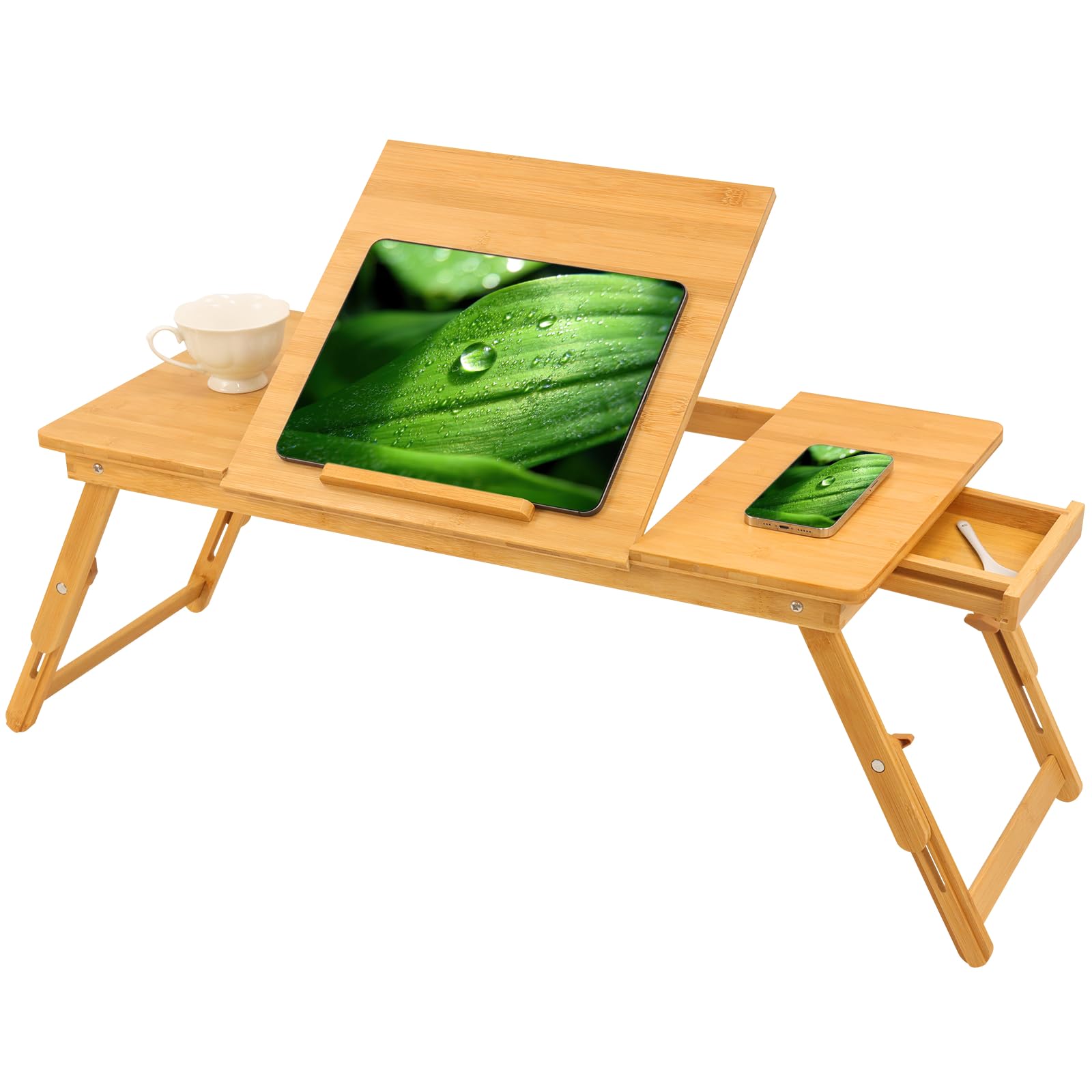 Bamboo Laptop Desk Bed Tray Table Adjustable Table for Computer Tilting Top Foldable Leg with Drawer