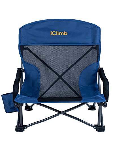iClimb Low Wide Beach Camping Folding Chair with Side Pocket and Carry Bag (1, Navy)