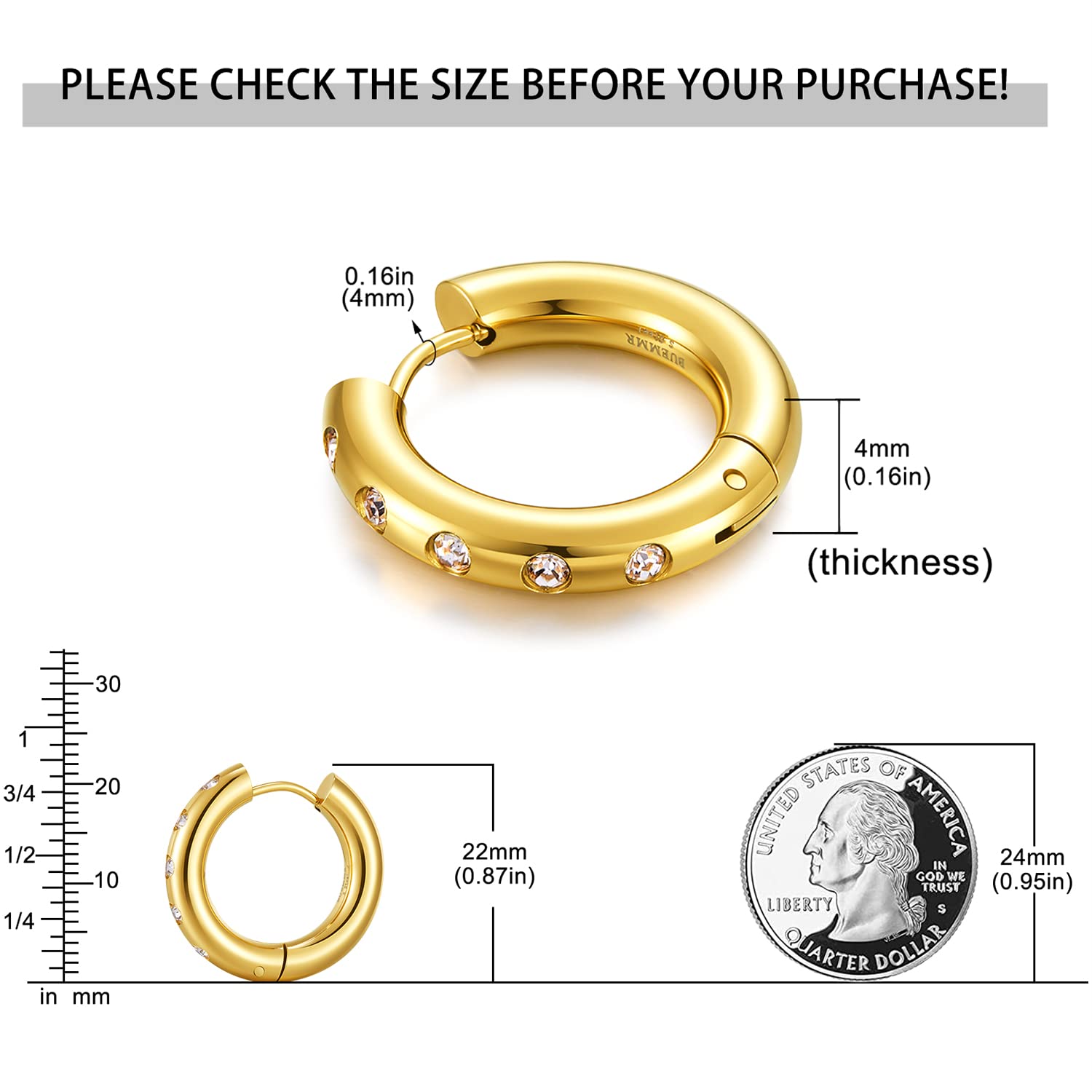 BUEMMR 14K Gold Plated Cubic Zirconia Chunky Hoop Earrings for Women, Simulated Diamond