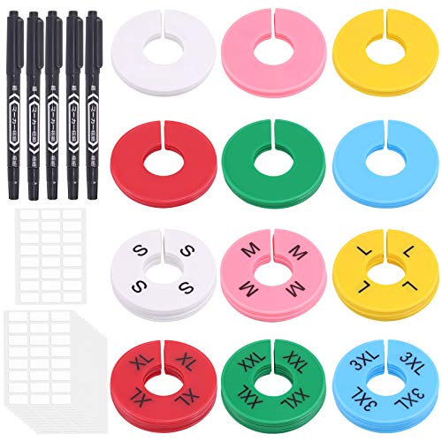 Glarks 54Pcs 6 ColorsăS-XXXLăand 6 Colors Blank Round Clothes Size Dividers Rack Size Closet Dividers with 5Pcs Marker Pens and White Labels
