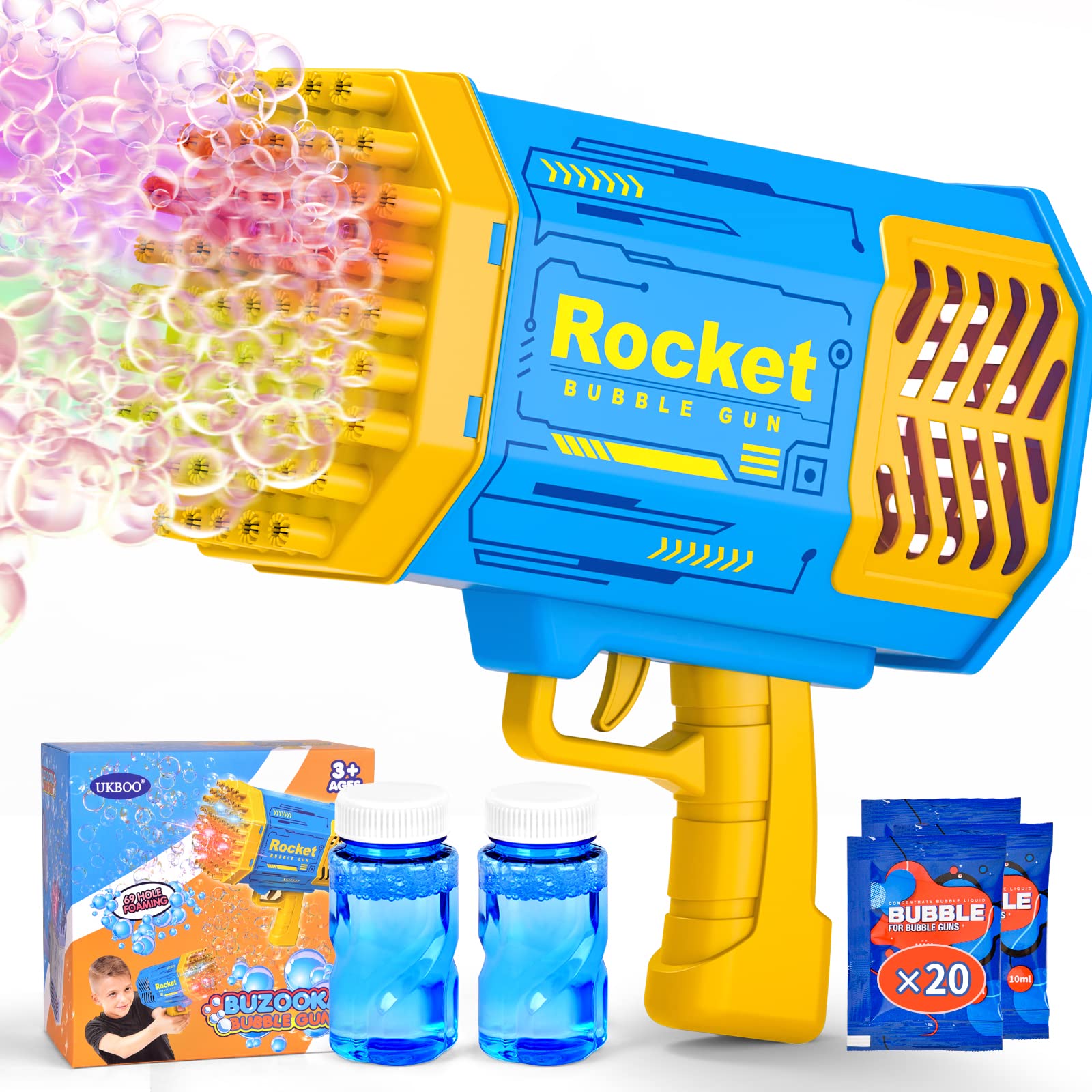 Bubble Machine Gun, Bubble Guns with Lights, 20 Bubble Solution, Bubble Blower for Toddlers Kids Adults, Bubble Machine for Parties Birthday Xmas Easter Gift, Outside Toys - Blue Bubble Maker