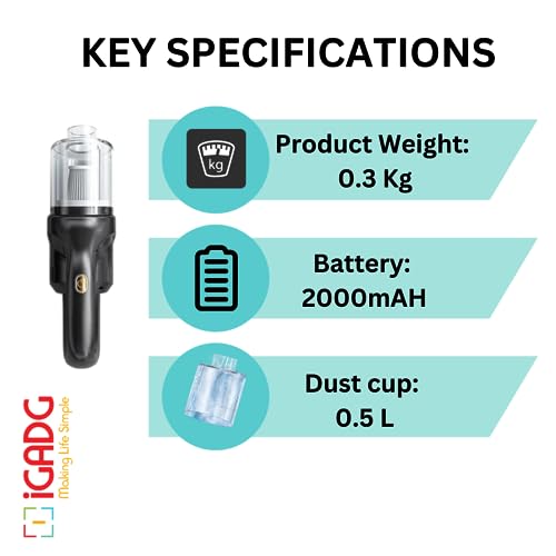 IGADG Mini Car Handheld Portable Vacuum Cleaner - Cordless | USB Rechargeable | Light Weight | Wet and Dry | Clean Hair, Dirt, Crumbs