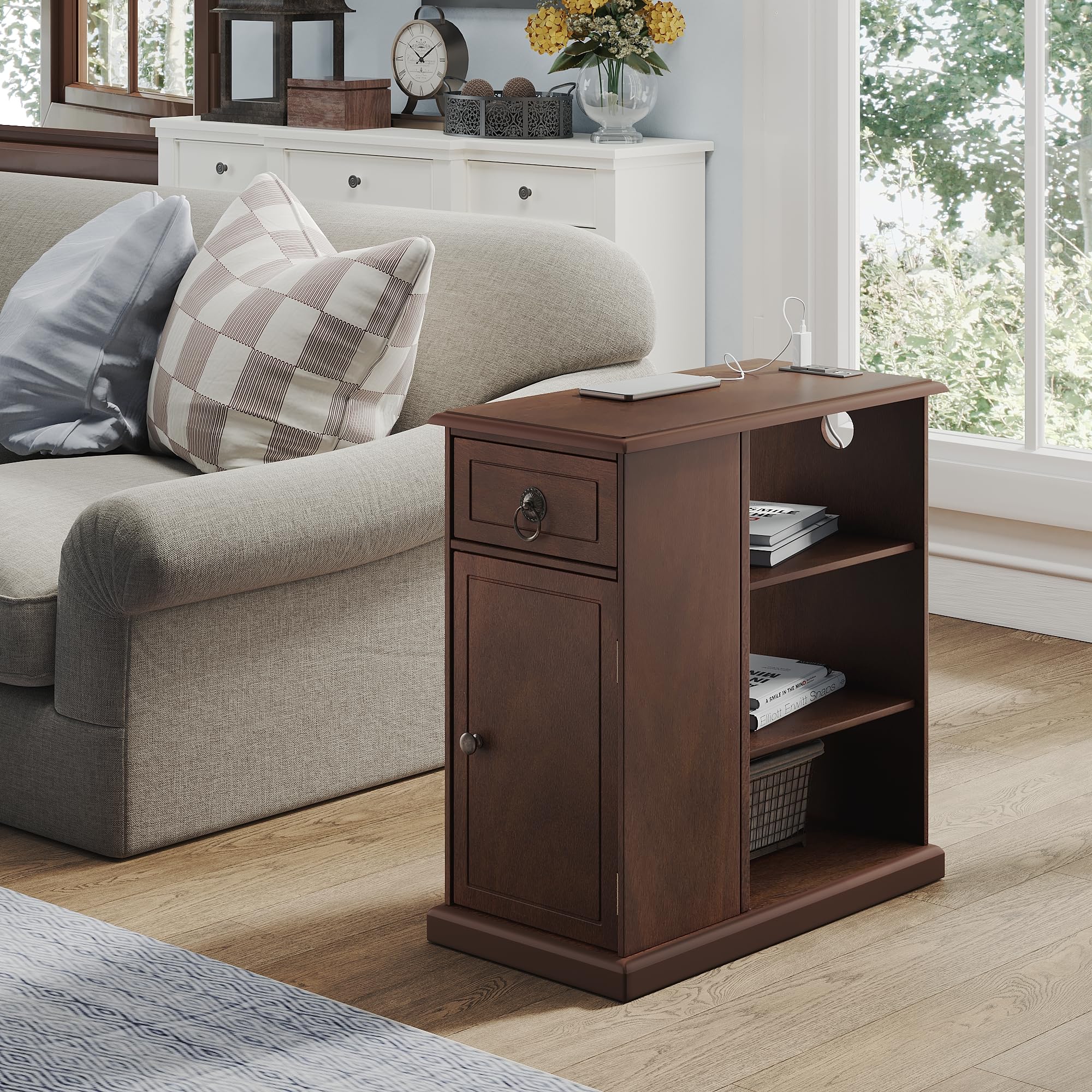 ChooChoo Farmhouse XXL End Table with Charging Station,Narrow Sofa Side Table with Adjustale Shelf, 3 Tier Rustic Night Stand for Small Place Living Room, Cherry Brown