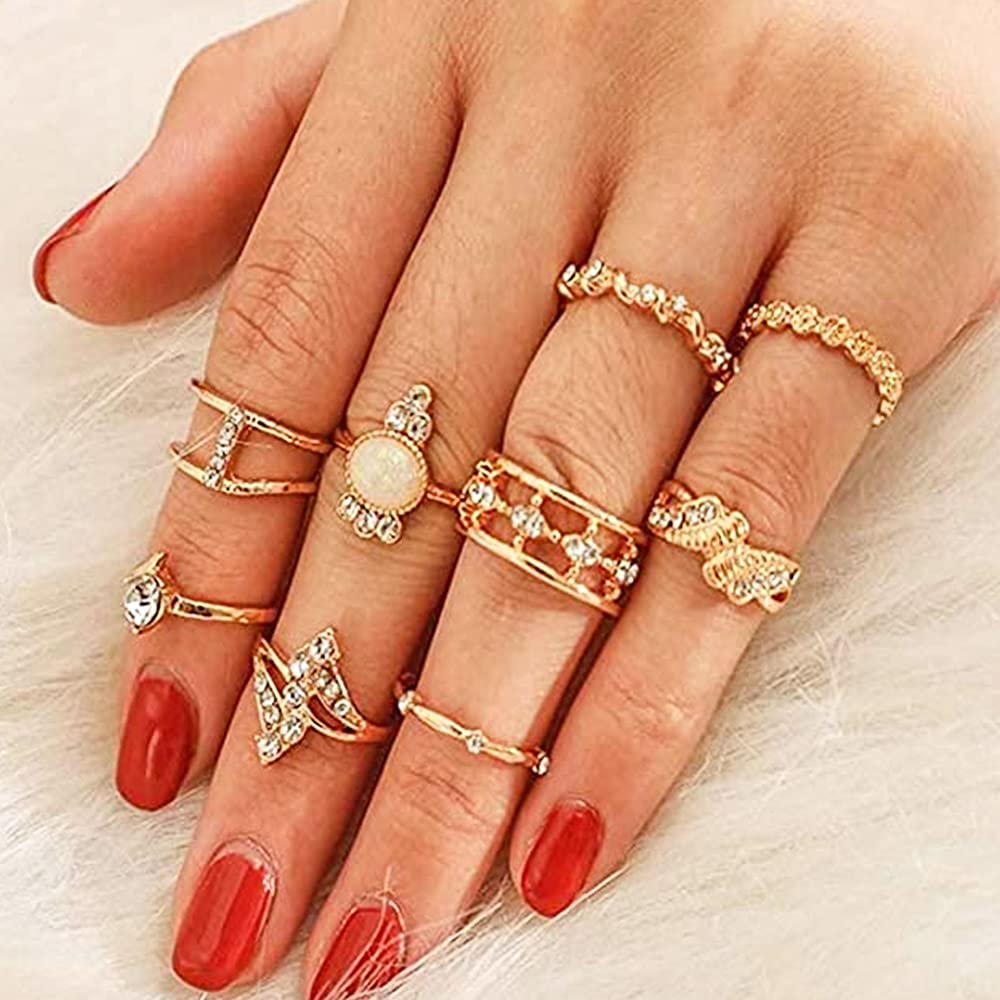 AWEOFR 59PCS Knuckle Rings Set for Womens Girls,Boho Stackable Midi Finger Ring Set,Stars Moon Waves Mountain Peaks Crystal Turquoise Gold&Silver Joint Rings (Gold-59pcs)