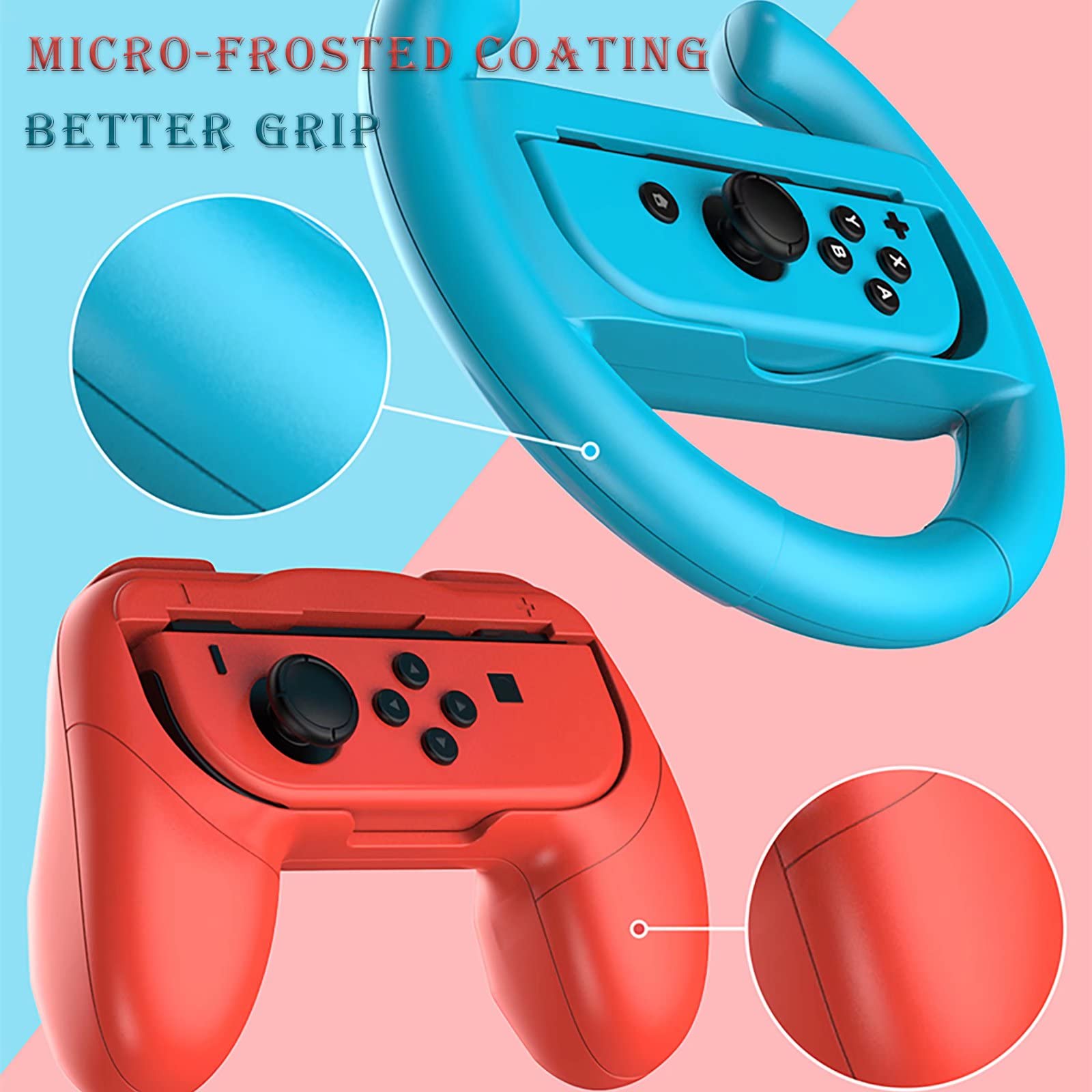 BEBOKI Steering Wheel Controller for Nintendo Switch & Switch OLED Model (2021) 4 Pack Joy-Con Controller Hand Grip and Steering Wheel for Mario Kart, (Black)