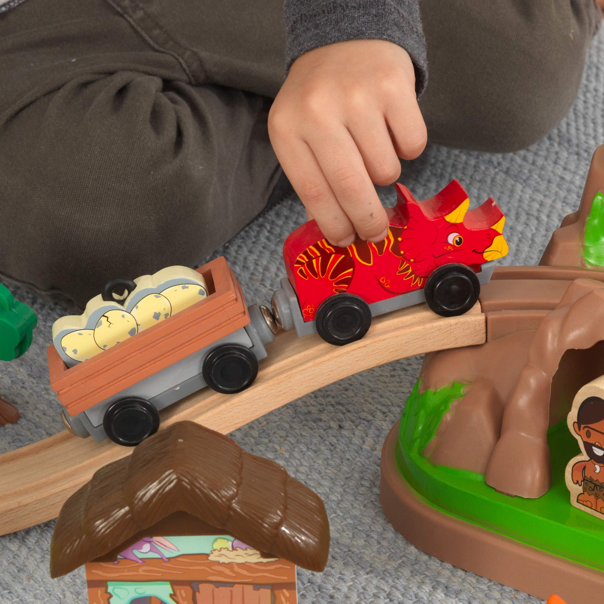 KidKraft Dinosaur Bucket Top Portable Wooden Train Set with 56 Pieces and 9 Feet of Track, Gift for Ages 3+