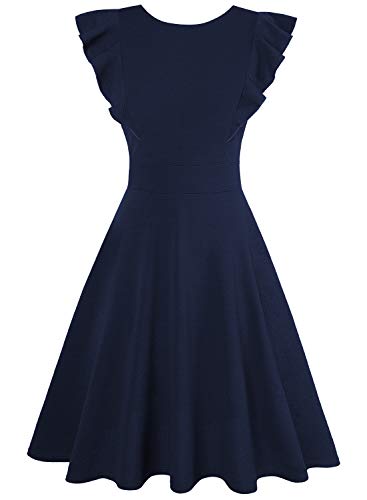 IHOT Women's Cocktail Dress Vintage Ruffle Floral Flared A Line Swing Casual Party Dresses with Pockets Navy Blue Large