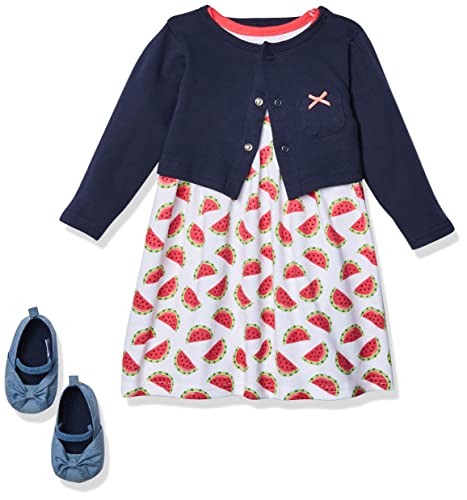 Hudson Baby Baby Girl Cotton Dress, Cardigan and Shoe Set, Watermelon, 9-12 Months