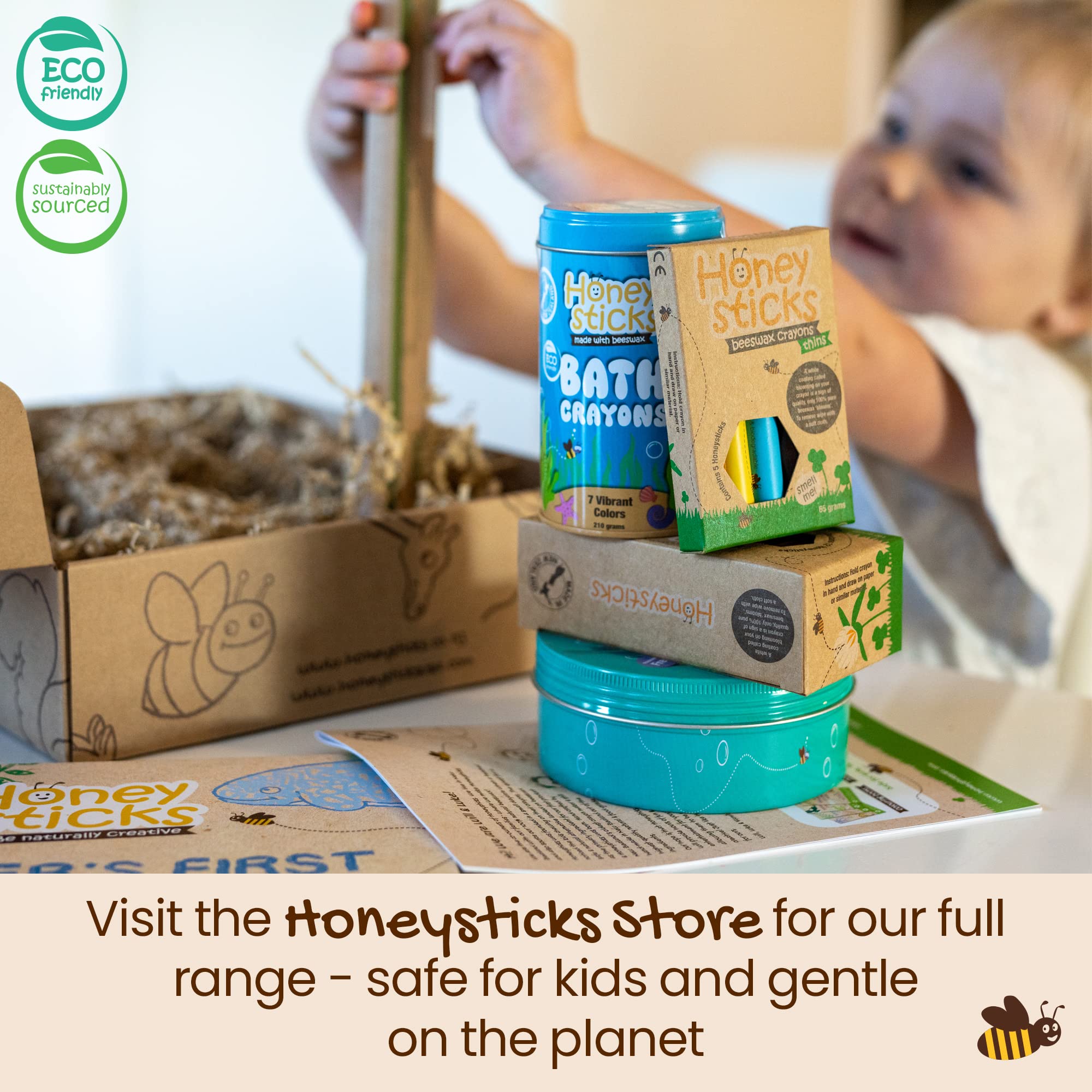 Honeysticks My First Paint Brush Set - 3 Pack: Ideal for Babies and Toddlers. Jumbo Brushes with Chubby Wood Handles for Easy Grip, Vegan. Includes Handy Storage Container