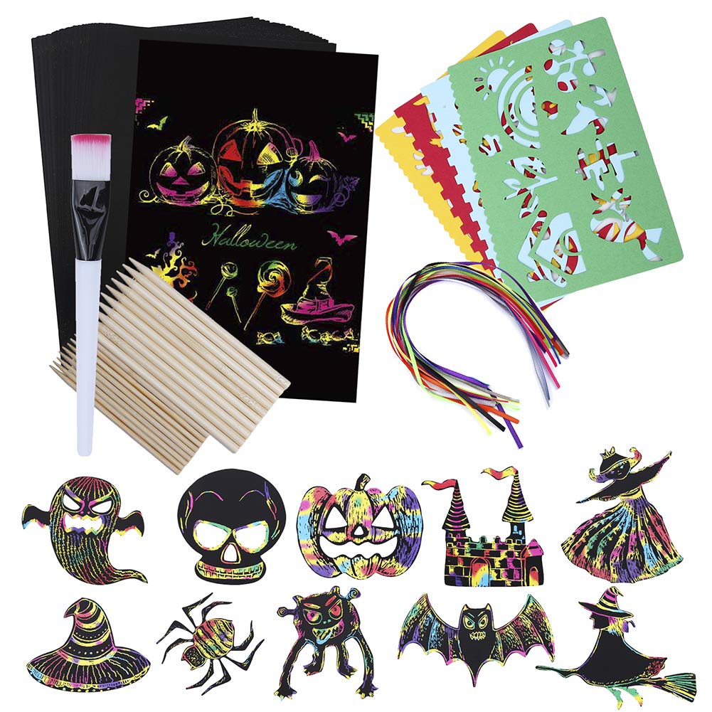 LUREME Scratch Paper Art Set 107 Pcs Rainbow Magic Scratch Off Arts and Crafts Supplies Kits Sheet Party Favor Christmas Easter Craft Birthday Gifts (ME000010-2) Halloween